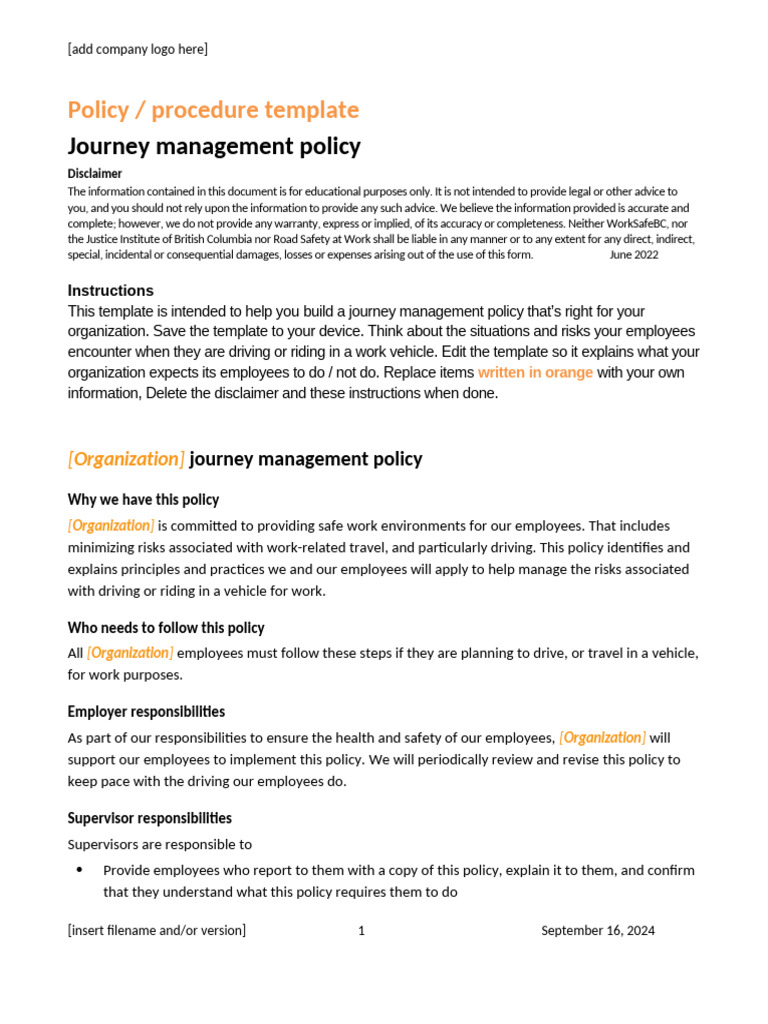 RSAW Example Journey Management Policy and Procedures | PDF