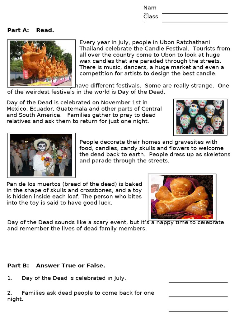 Festivals Around The World Reading Comprehension Exercises - 24576 | PDF