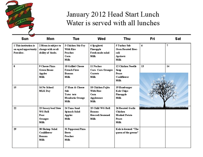 January 2012 Head Start Lunch Menu | PDF