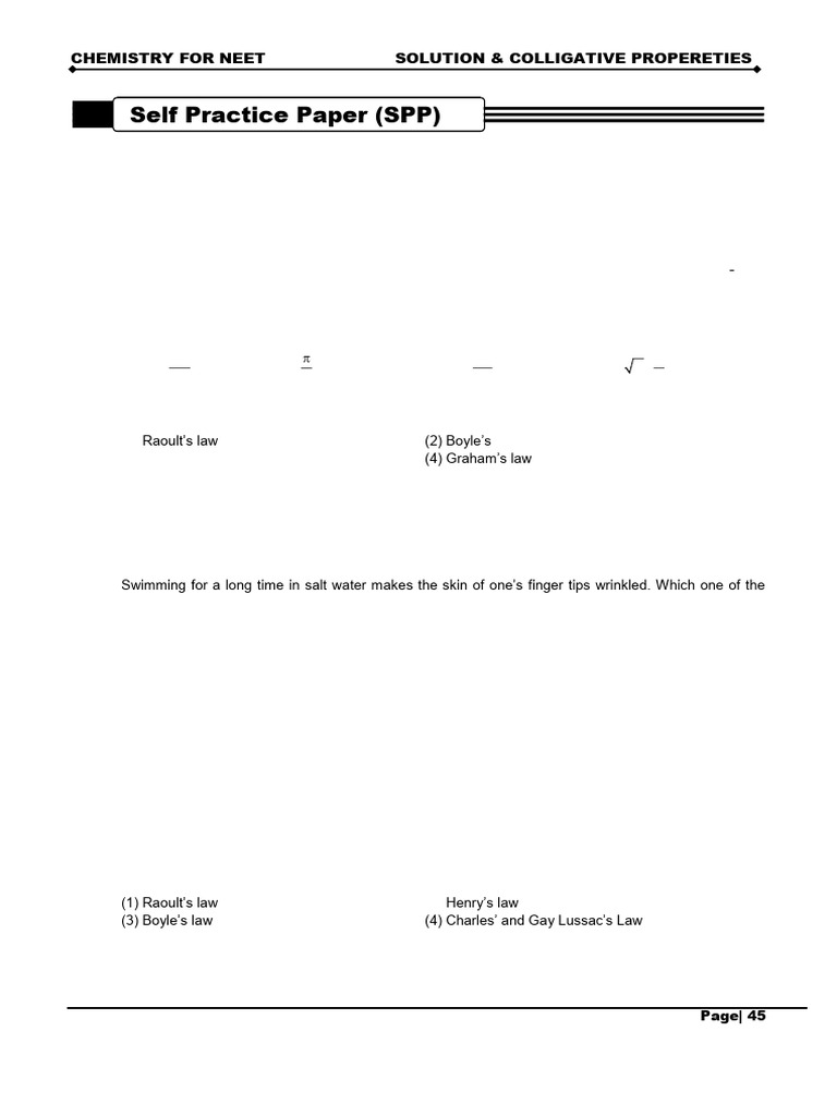 Self Practice Paper (SPP) : Chemistry For Neet Solution & Colligative ...