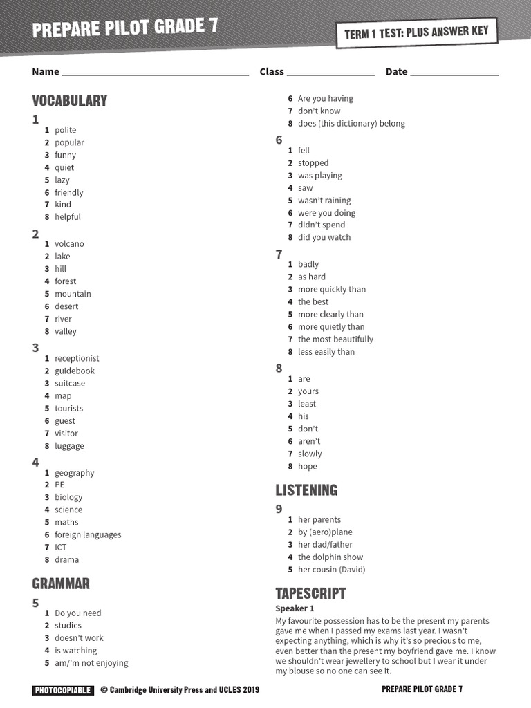 Prepare 7 Pilot. Term Test Plus Answerkey | PDF