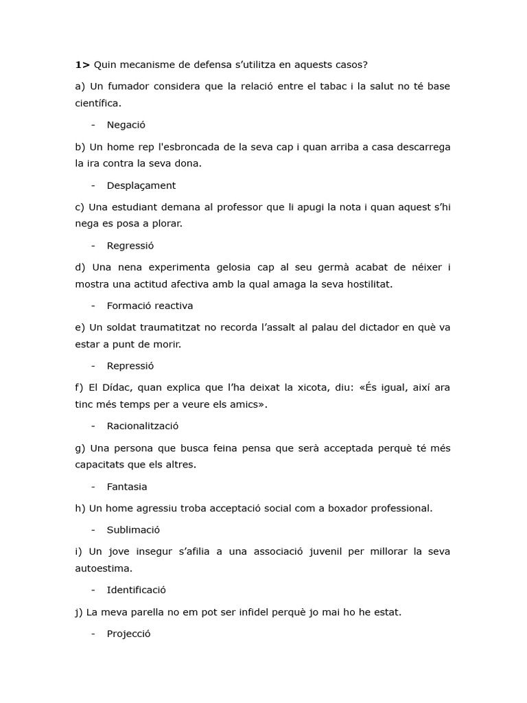 Exercicis Mecanismes de Defensa | PDF