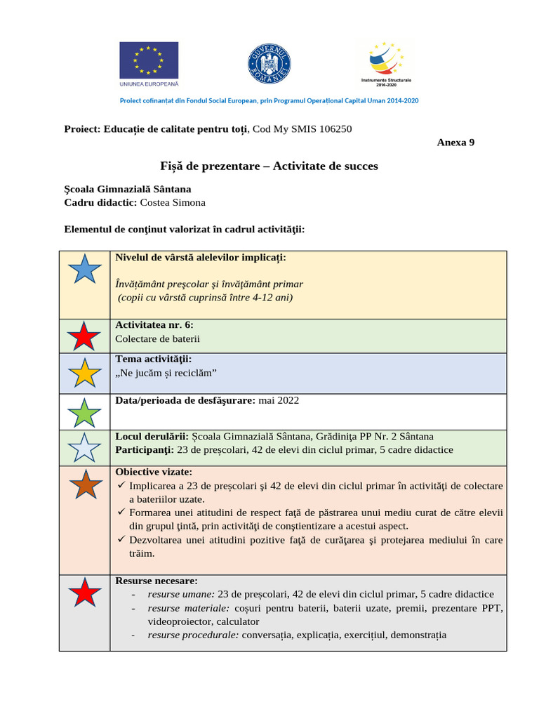 Anexa 9 - Fișă Activitate de Succes | PDF