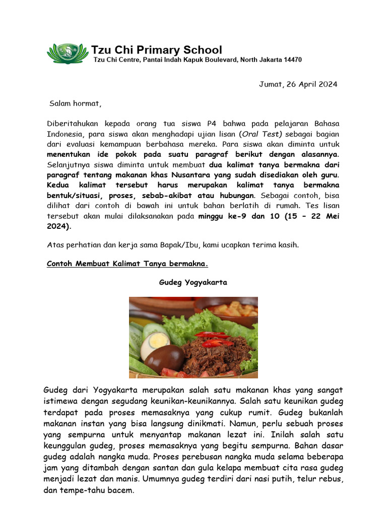 P4 Bahasa Indonesia SE2 Oral Test Letter | PDF
