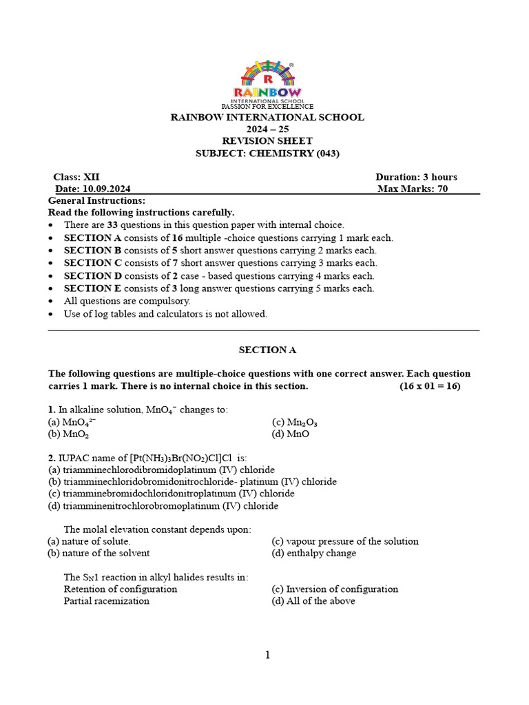 Xii Chem Revsheet QP (24 25) | PDF