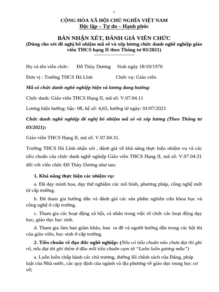 Bản Nhận Xét GV THCS Hạng 2 Mới | PDF