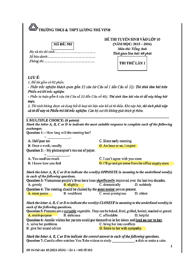 E9 - 2324 - de Thi Cuoi Ki 1 - LTV - Key | PDF