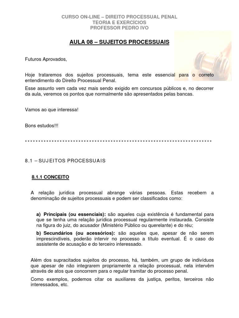 Aula 08 - Sujeitos Processuais | PDF | Procedimento criminal | Julgamentos