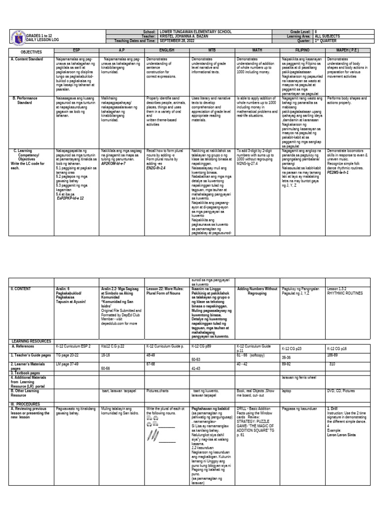 DLL - All Subjects 2 - Q1 - W6 - D3 | PDF | Linguistics