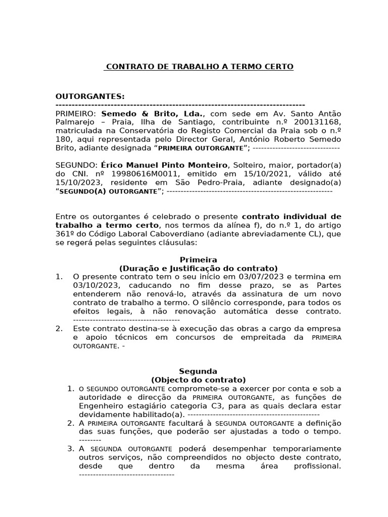 Contrato Trabalho Por Tempo Determinado Érico Monteiro. | PDF