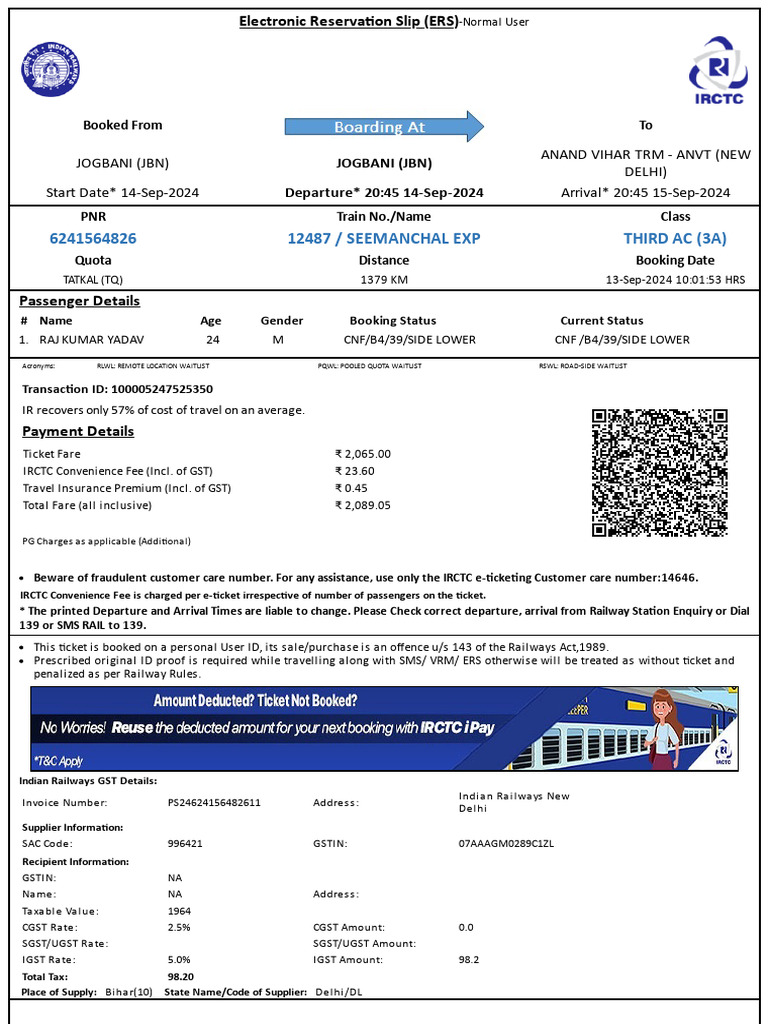 Seemanchal Exp Third Ac (3A) | PDF