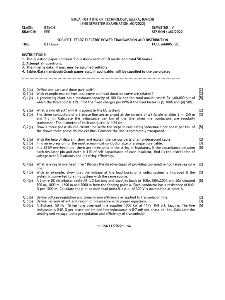 Ee307 Electric Power Transmission and Distribution (End - Mo22) | PDF
