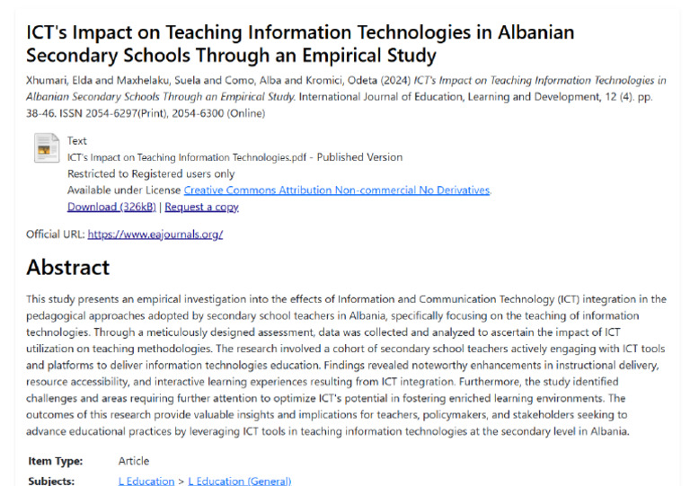 ICT's Impact On Teaching ICT in Albanian Secondary Schools | PDF