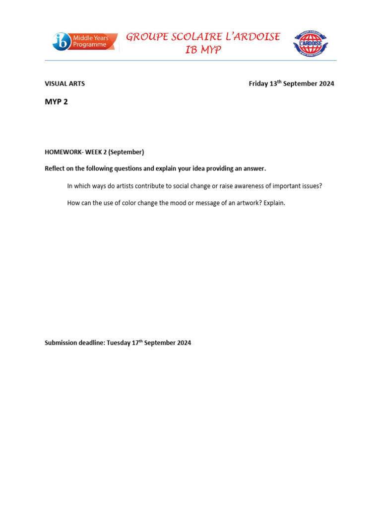 MYP 2 VISUAL ARTS - Week 2 - 13-09-24 | PDF