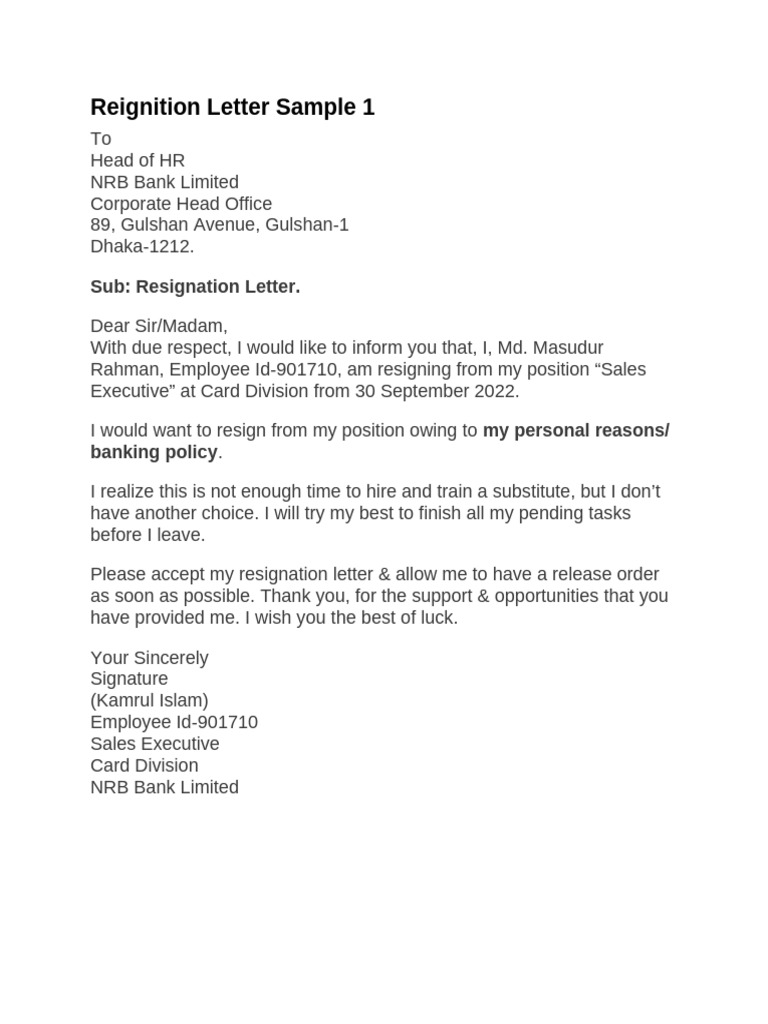 Resignition Letter Sample Word File | PDF