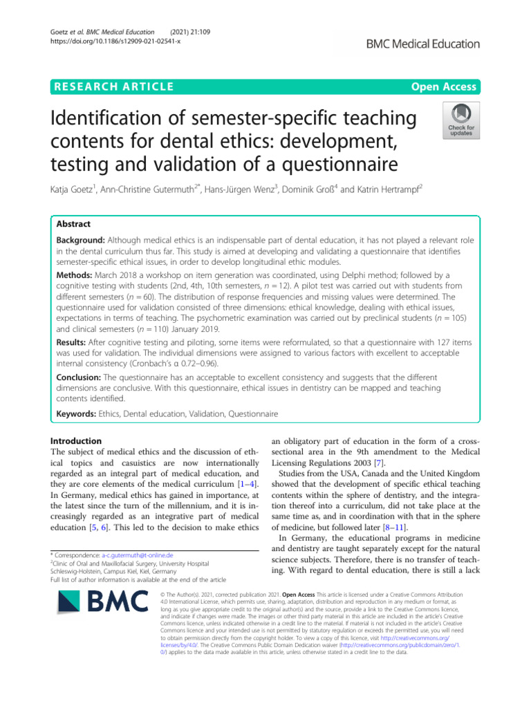 Identification of Semester-Specific Teaching Contents For Dental Ethics ... Identification of Semester-Specific Teaching Contents For Dental Ethics ...