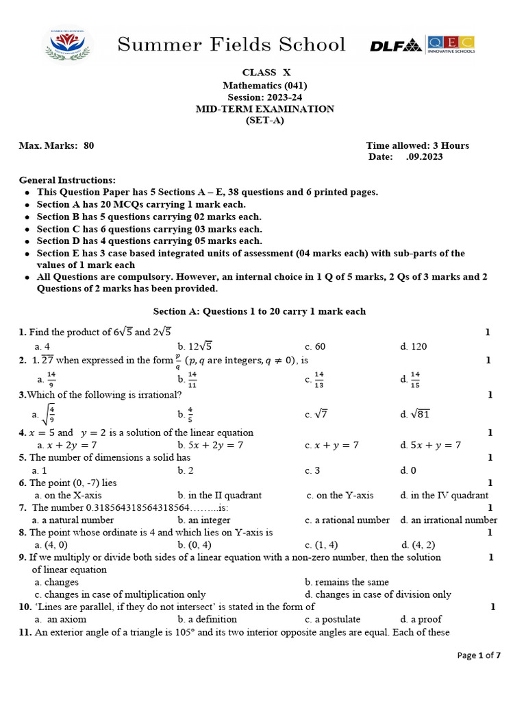 Ix Term 1 Mathematics (2023-24) Set A | PDF