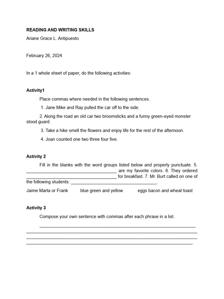 Reading and Writing Skills Activity | PDF