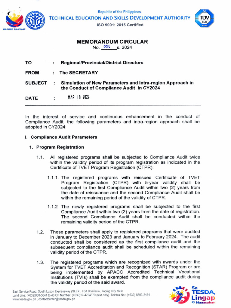Memorandum Circular No. 001 2024 Simulation of New Parameters and Intra ...