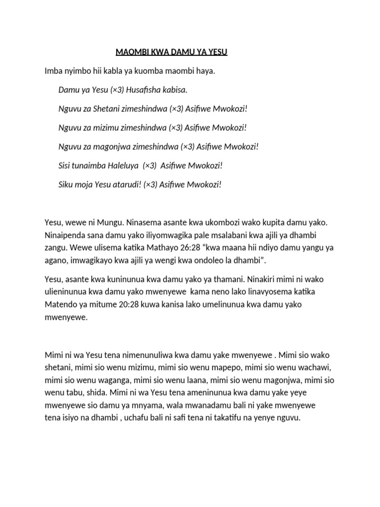 Maombi Kwa Damu Ya Yesu-1 | PDF