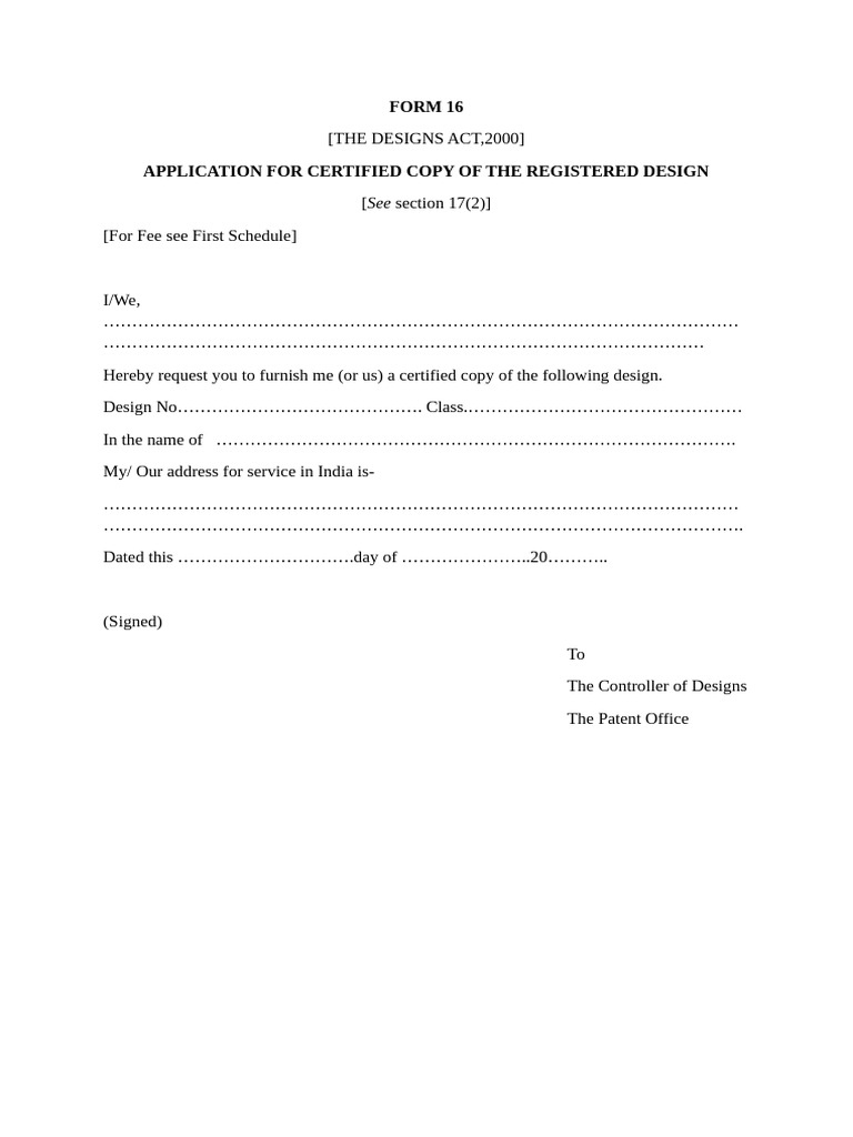 FORM 16 (Designs Act) | PDF