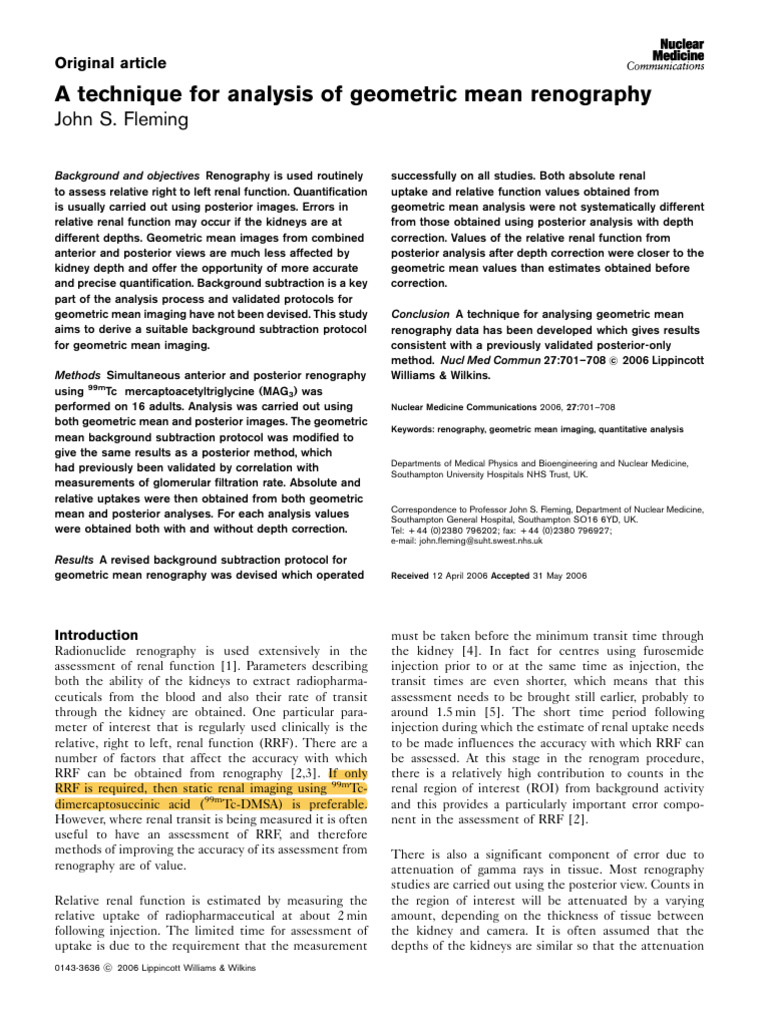 A Technique for Analysis of Geometric Mean Renography | PDF