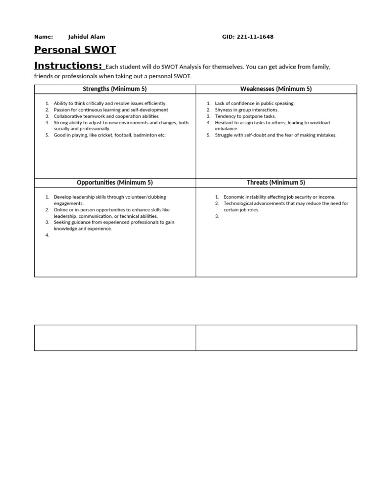 Personal SWOT Analysis Practice Sheet Me | PDF