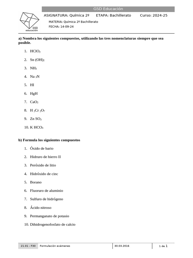 Simulacro Formulación Inorgánica | PDF