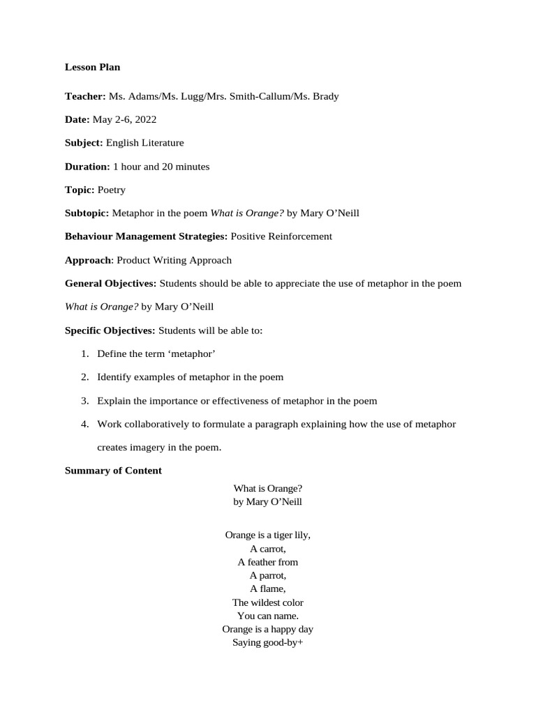 Literature Lesson Plan - What Is Orange | PDF