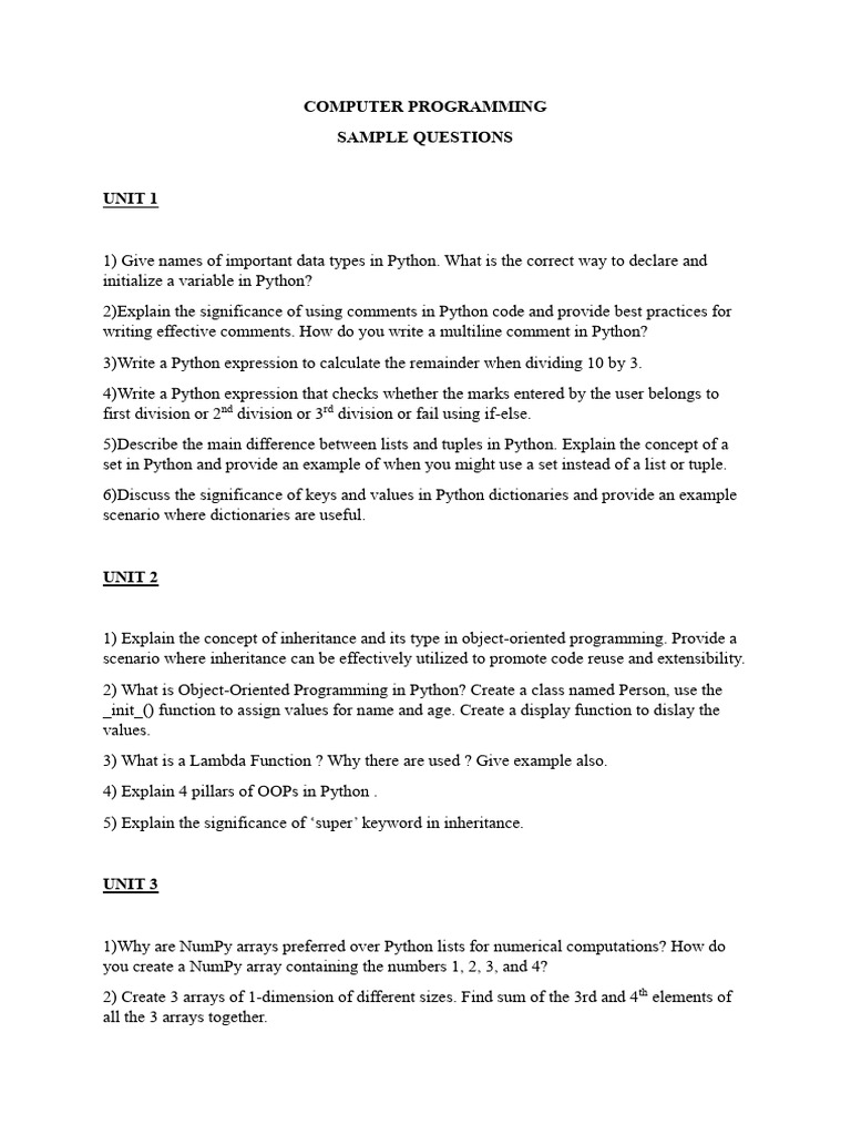 Sample Questions On Programing 1 | PDF