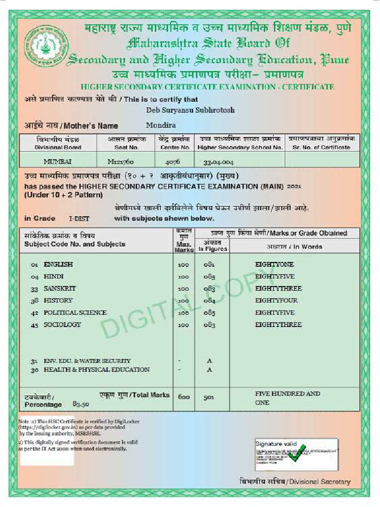 SD - XIIth STD (MHSSC) Passing Certificate (2021) | PDF