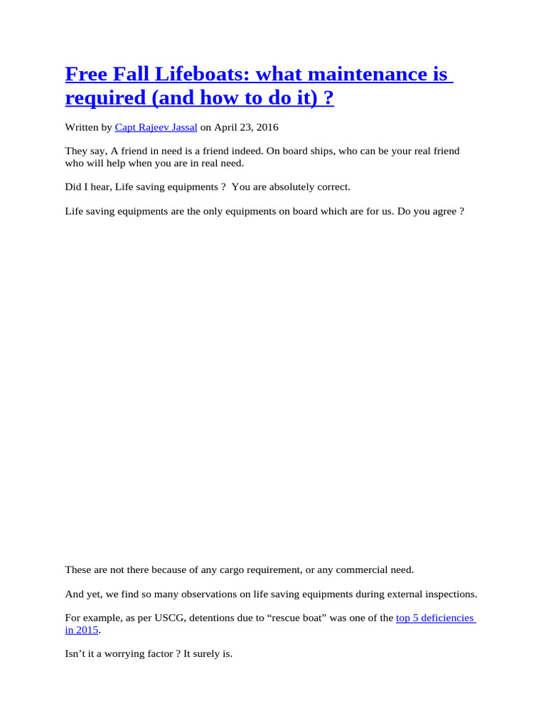Free Fall Lifeboats Required Maintenance | PDF