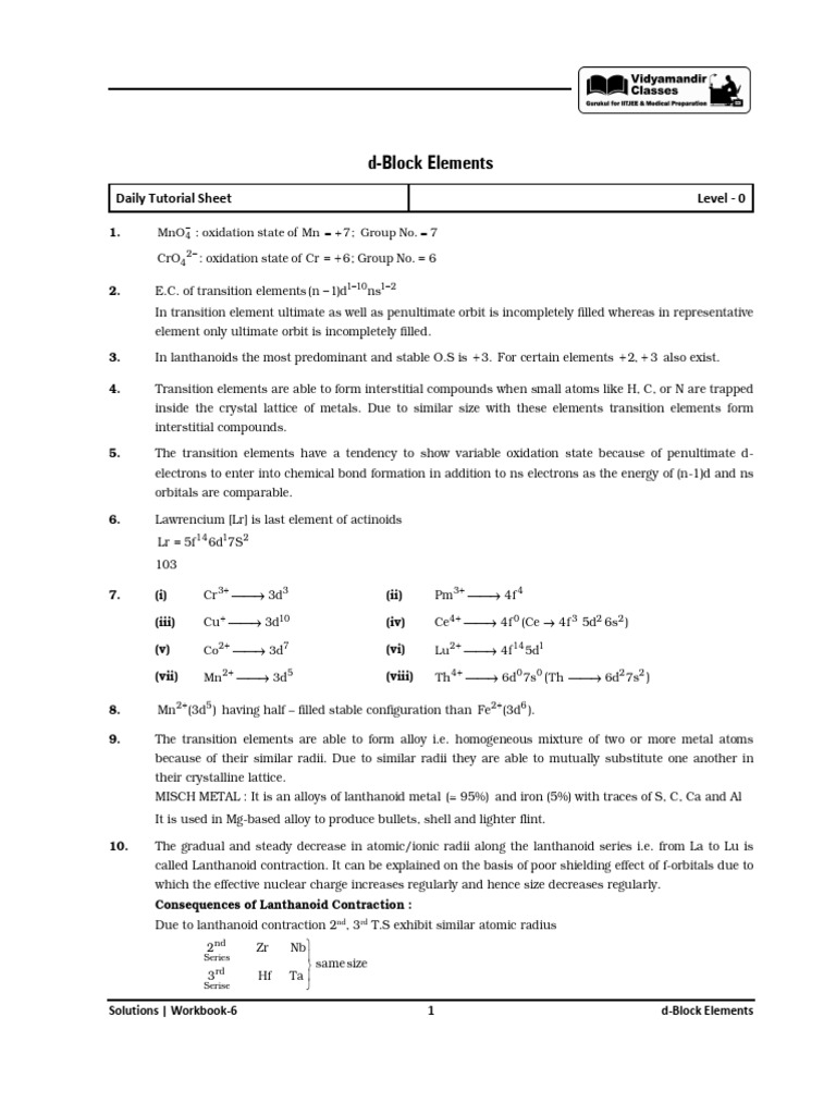 D-Block Elements - DTS 0 Sol | PDF