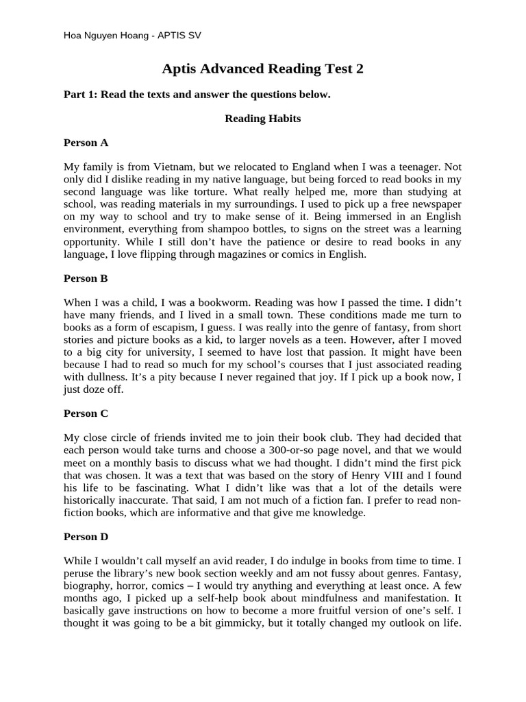 Aptis Advanced Reading Test 2 | PDF