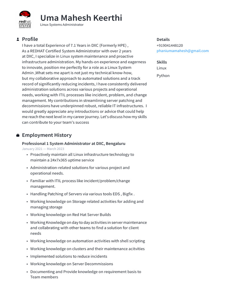 Uma Mahesh Keerthi - Linux Systems Administrator | PDF | Red Hat | Business