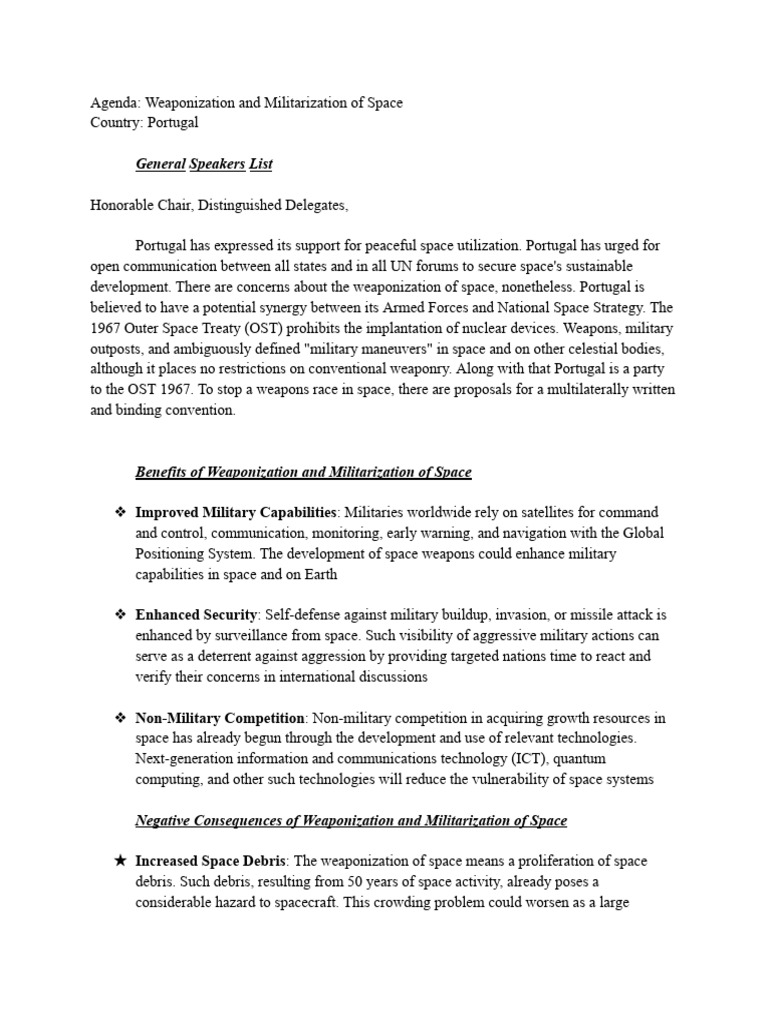 Weaponization and Militarization of Space (Portugal) | PDF