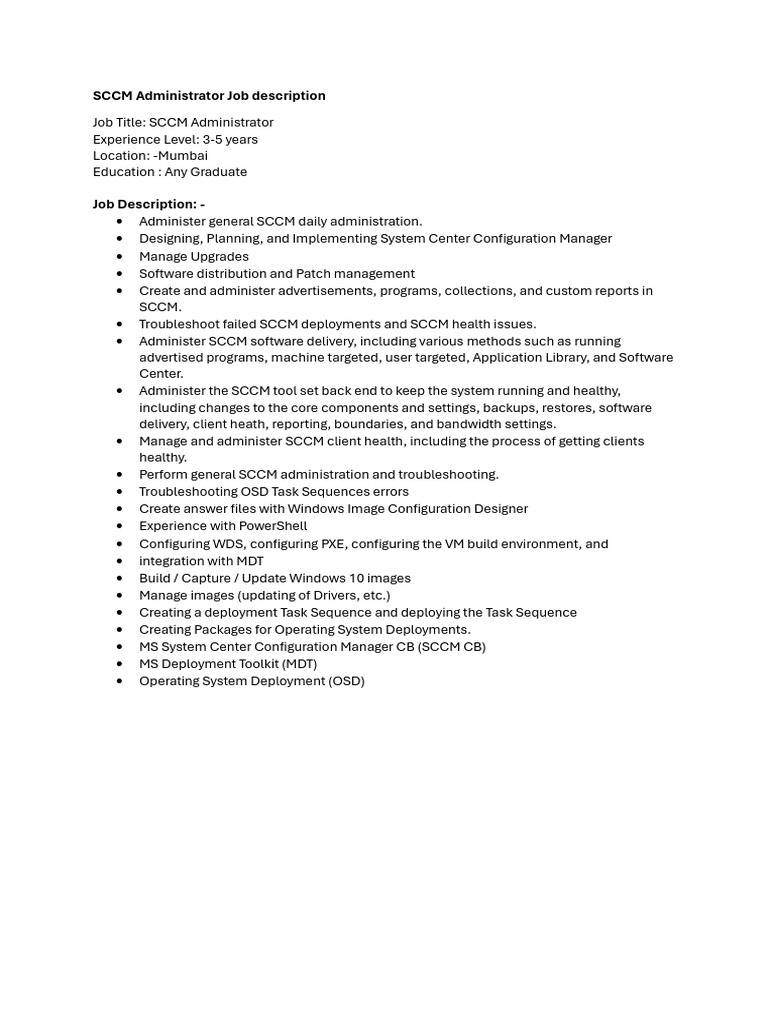 SCCM Administrator Job Description | PDF