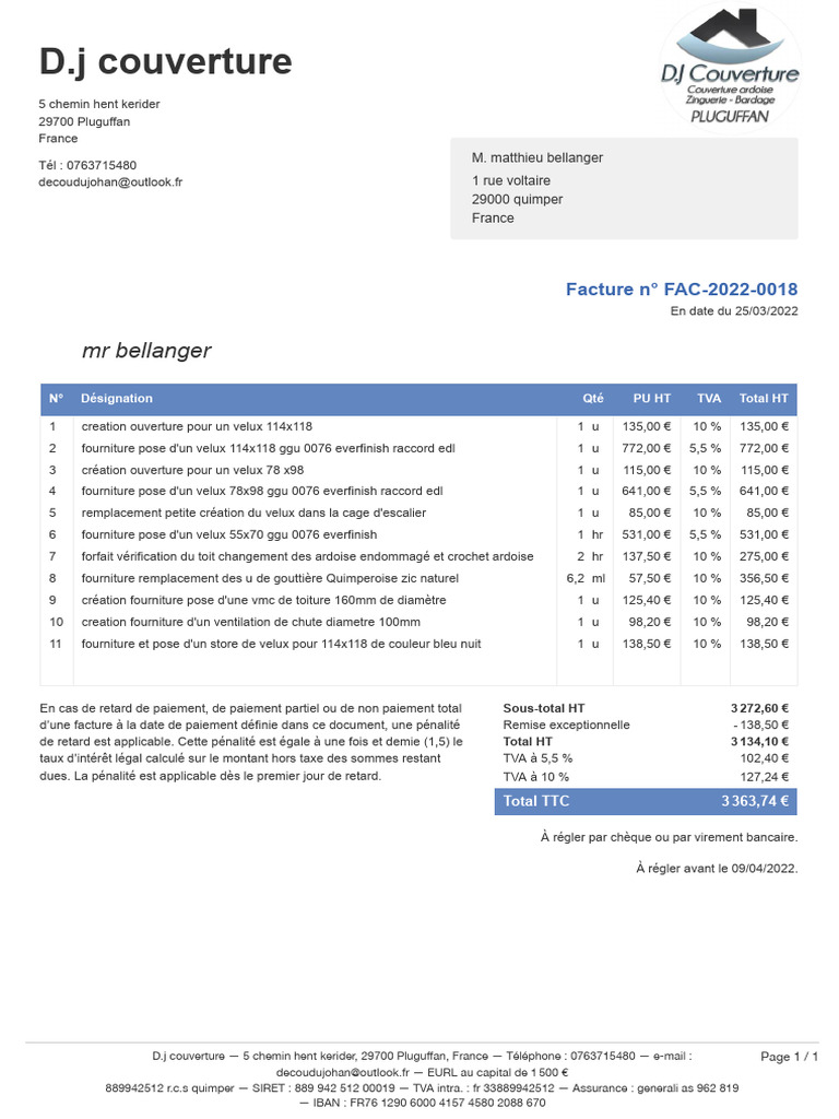 Facture FAC-2022-0018 M. Matthieu Bellanger | PDF