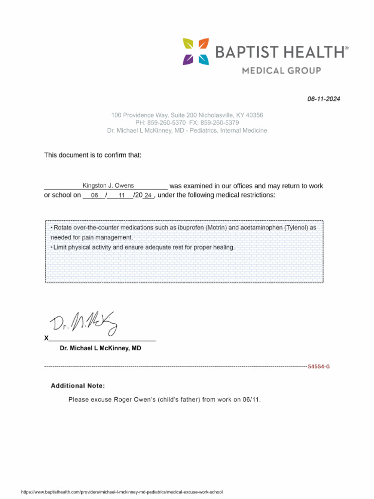 DR Mckinney Work School Excuse Kingston Owens 06 11 24 | PDF