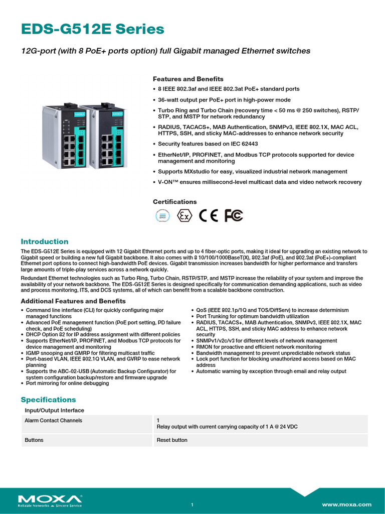 Moxa Eds G512e Series Datasheet v1.8 | PDF