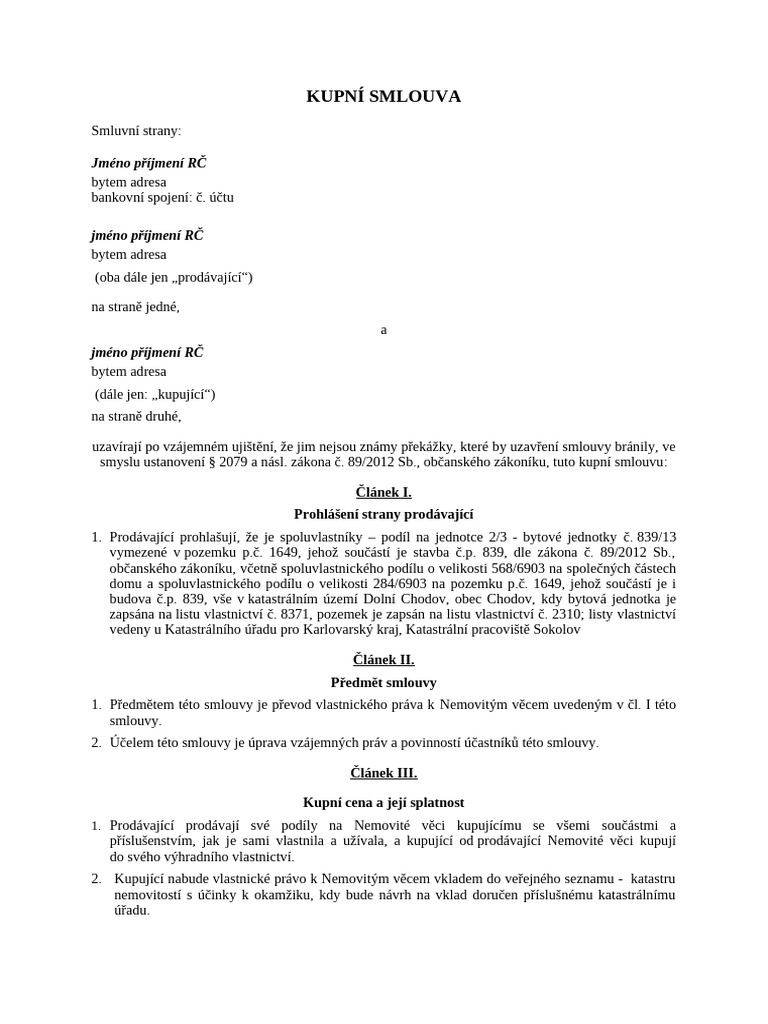 Kupní Smlouva Výukový Vzor | PDF