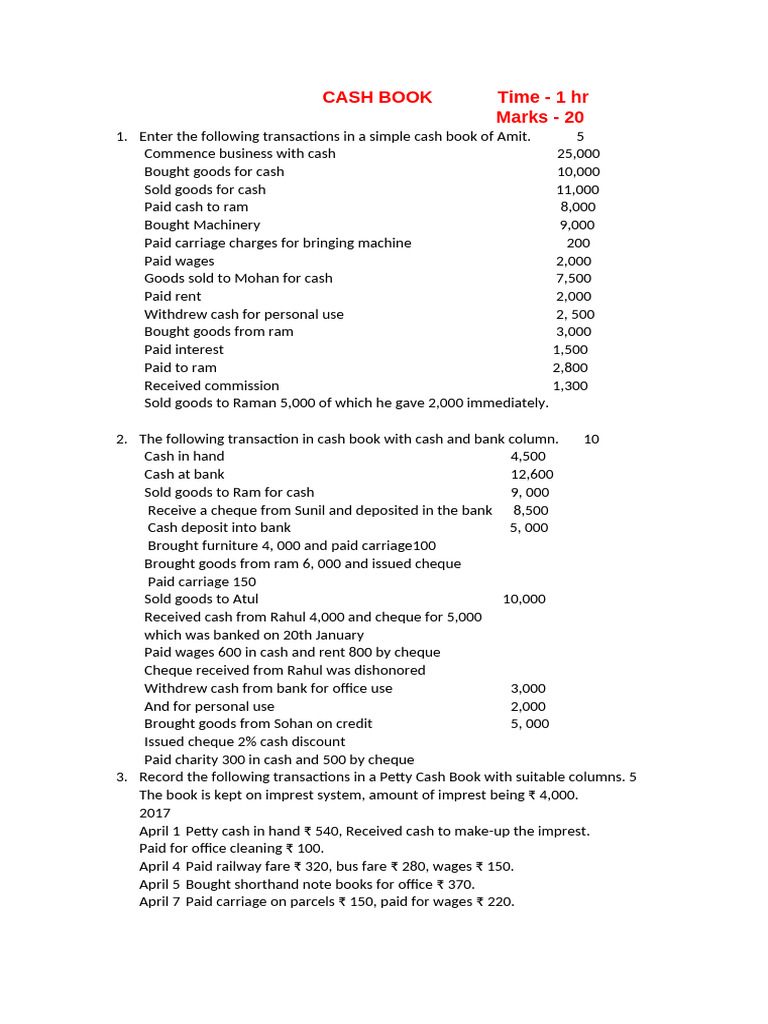 Cash Book Test | PDF | Cheque | Cash