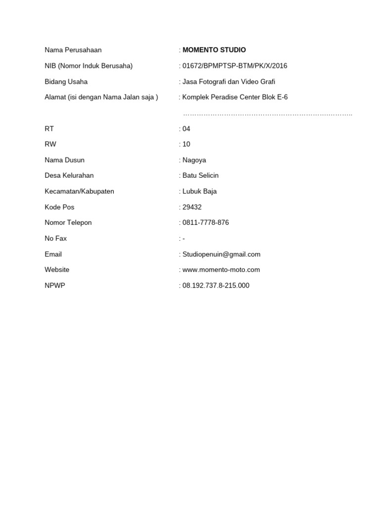 Data Perusahaan Momento Studio | PDF
