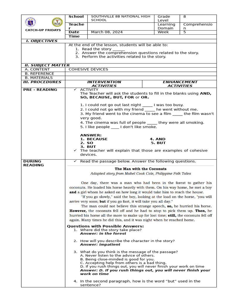 Catch-Up-Fridays-G8 English - Melc 15 | PDF | Reading Comprehension ...