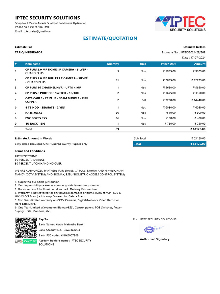 Estimate Quotation - Iptec 2024-25 208 - 17 - 07 - 24 - Tariq Integrator - CP Plus 2.0 MP I.P ...