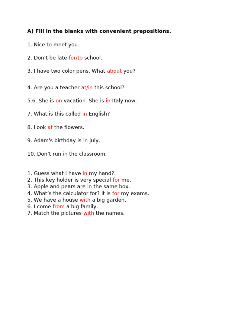 Preposition Exercise Answer | PDF | Language Arts & Discipline