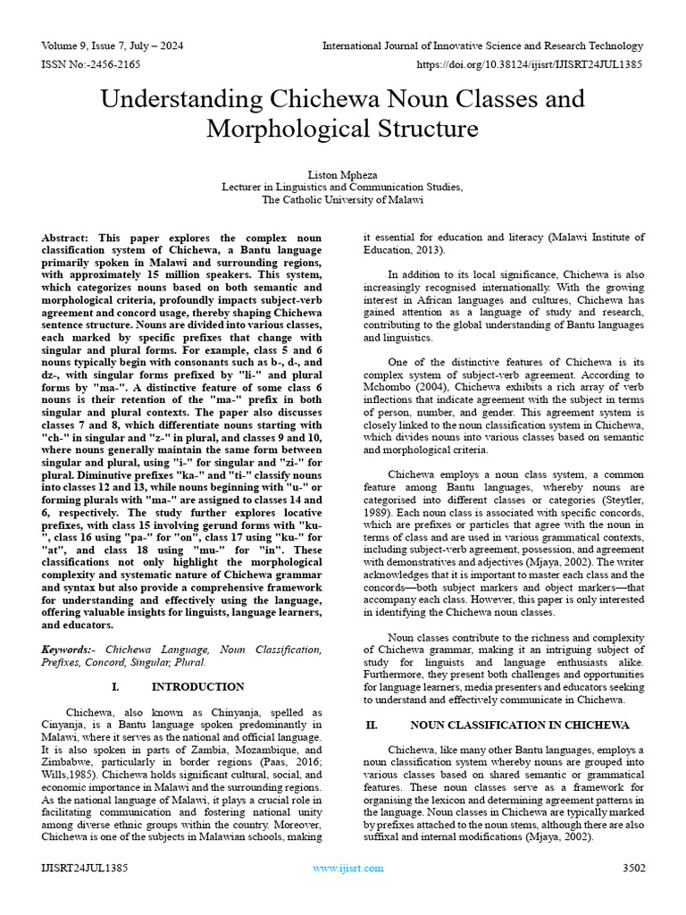 Understanding Chichewa Noun Classes and Morphological Structure | PDF ...