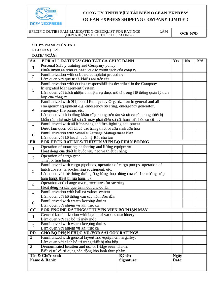 Oce-067d - Specific Duties Familiazation For Ratings Checklist | PDF