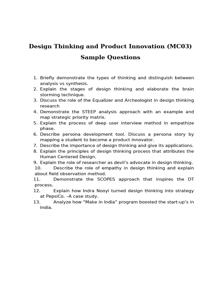 Design Thinking and Product Innovation Sample Questions Mid 1 | PDF