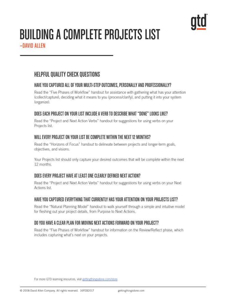 GTD getting things done 2017-Building a Complete Projects List | PDF